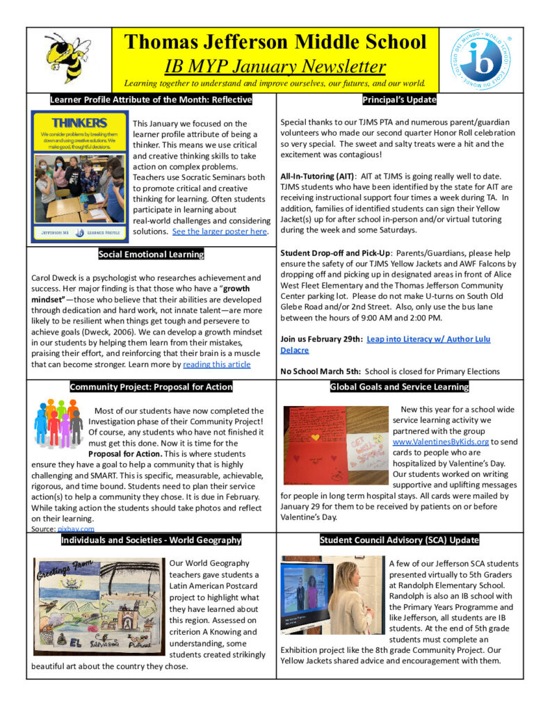 January 2024 IB MYP Thomas Jefferson Newsletter - Thomas Jefferson