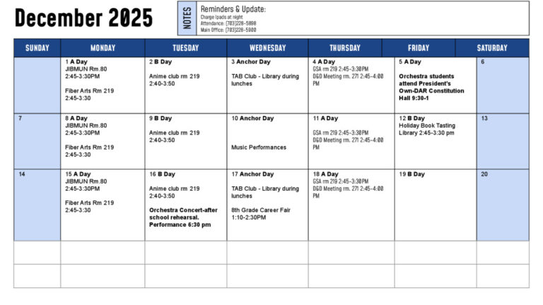2025-2026 After School Calendar - Thomas Jefferson